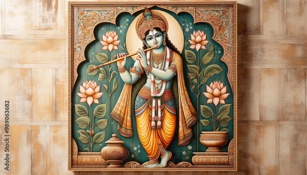 colorful bright portrait of lord Krishna north Indian or Madhubani ...