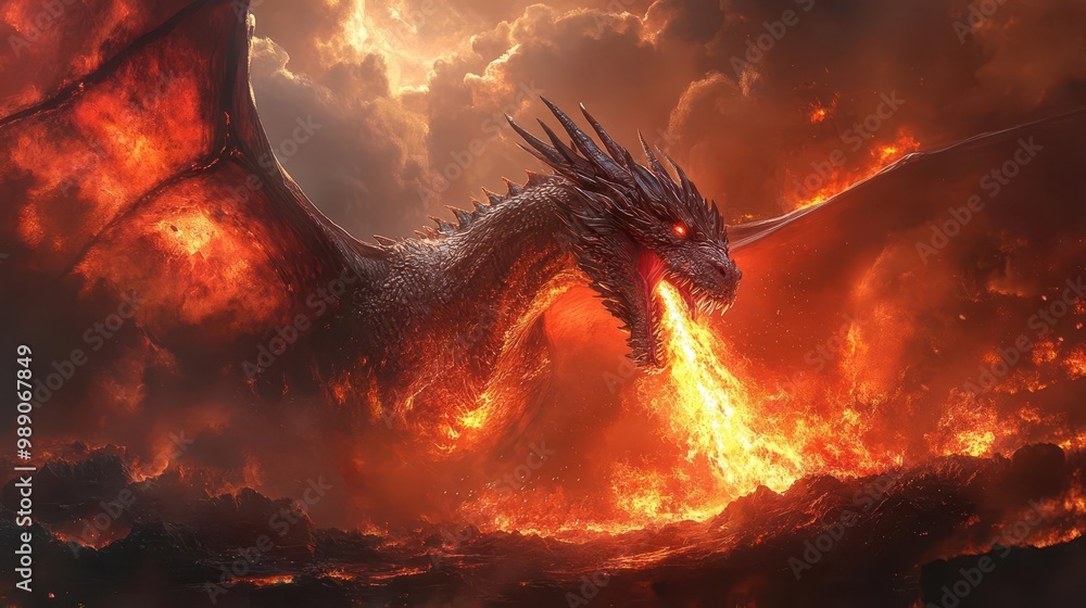 fearsome red dragon breathing intense flames scales gleaming in ...
