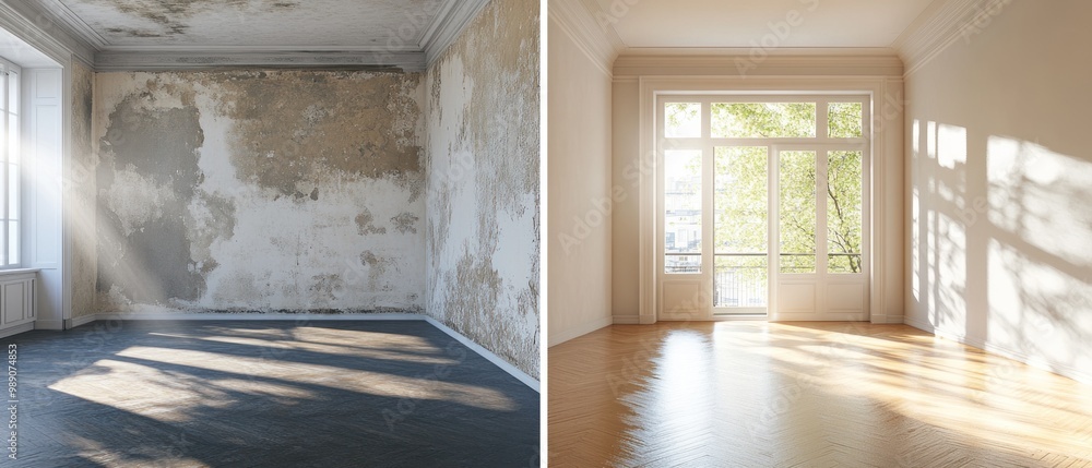 A comparison of a dilapidated room and a bright, airy space with large ...