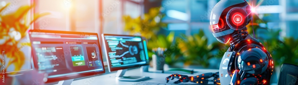 Sleek, futuristic office with an interactive AI assistant embedded in ...