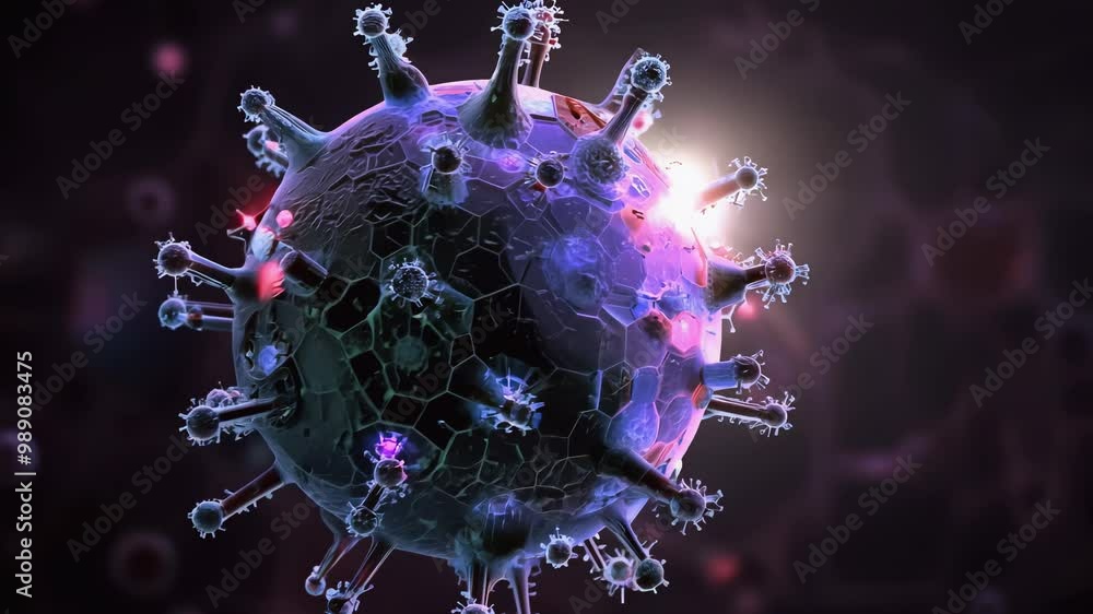 Mutating virus model with glowing surface proteins, shown in a close-up ...