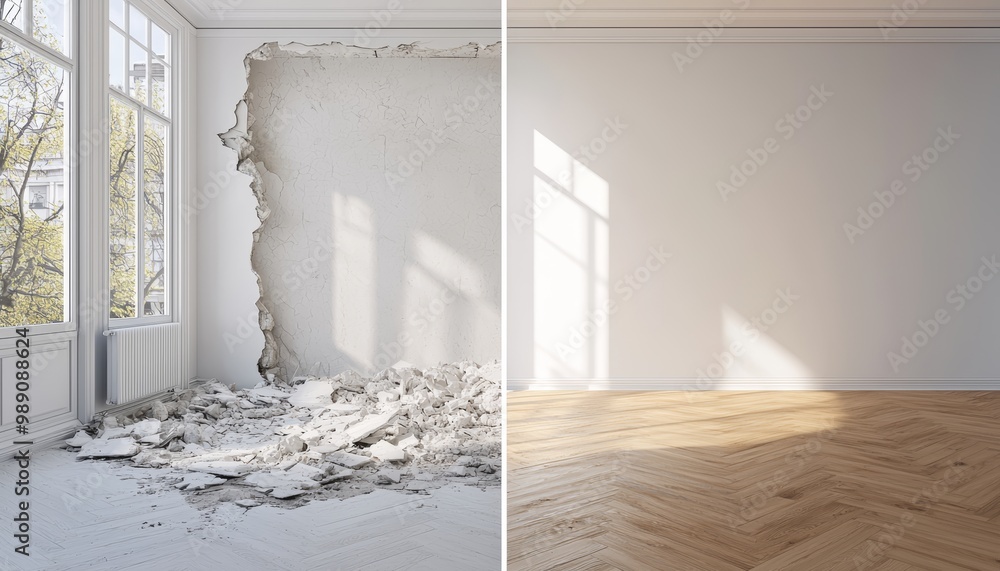 Rebuilding Spaces, Depict a side-by-side comparison of a damaged room ...