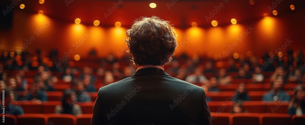 inspiring ted talk scene charismatic speaker on stage addressing large ...