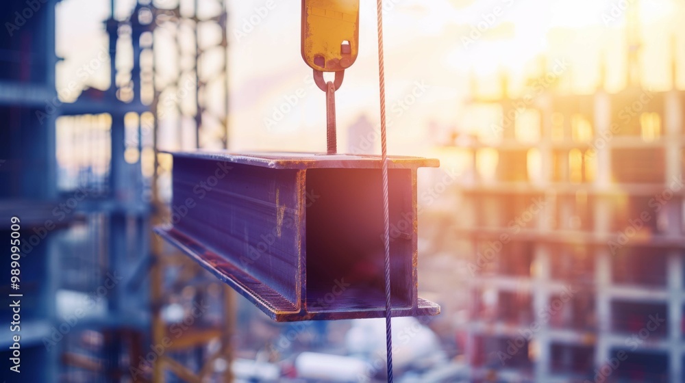 Close-up of a steel beam being lifted by a crane in a construction site ...