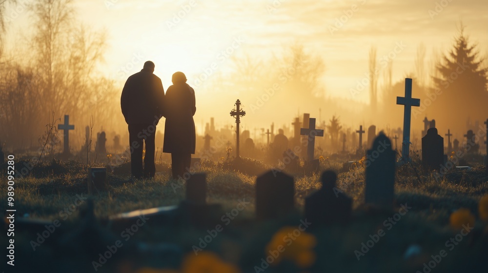 Sad group people grieving in cemetery. People standing at gravestone of ...