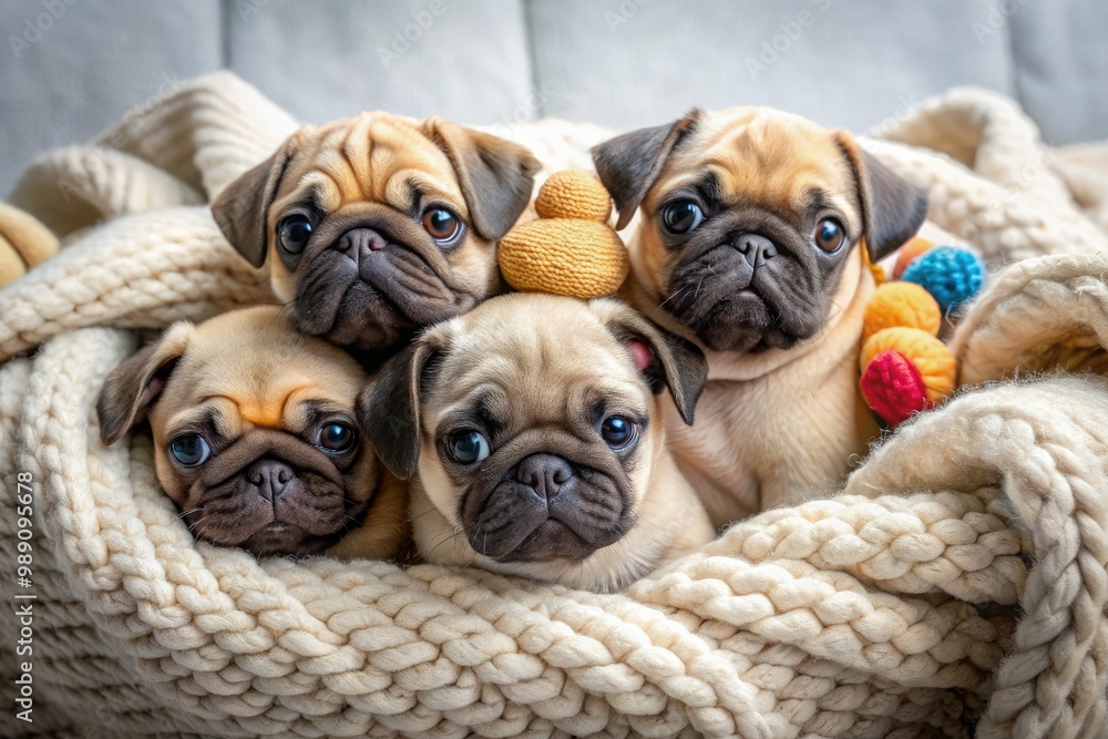 Adorable baby pugs snuggle up together, their wrinkled faces and curled ...