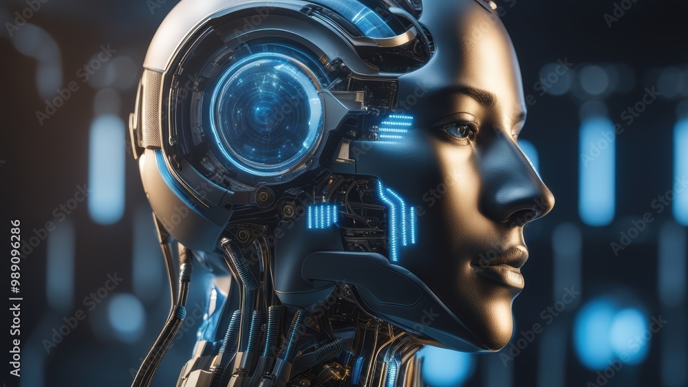 A humanoid robot with a complex head and transparent visor set against ...