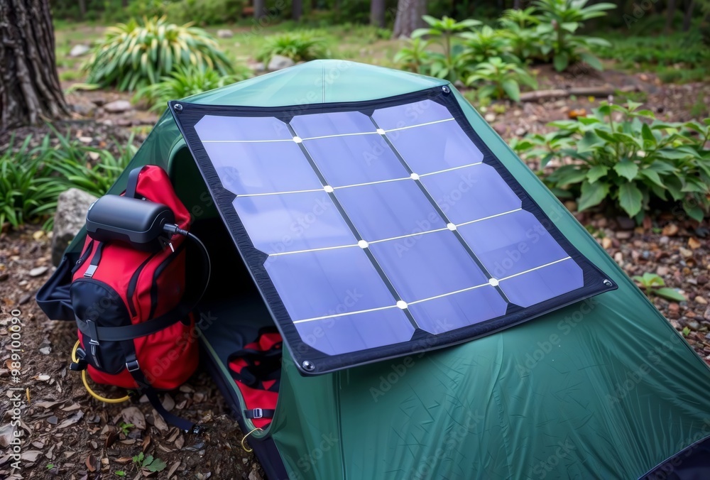Solar Panel on Tent. A solar panel is attached to the top of a green ...