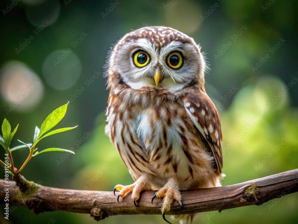 Adorable owl with big round eyes and soft feathery plumage perches on a ...