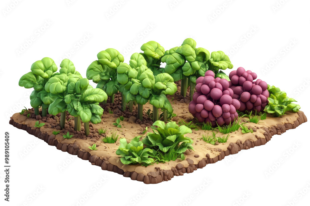 Vibrant vegetable garden with leafy greens and purple crops on a clean ...