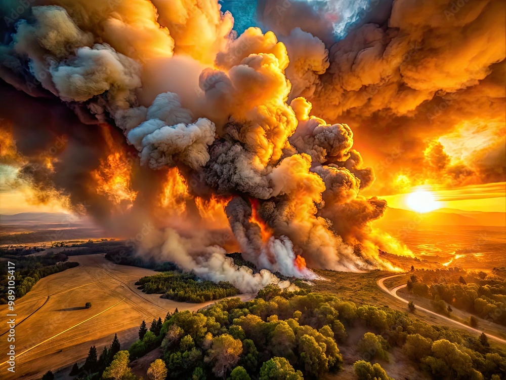 Aerial view of a massive wildfire raging through a dry, cracked ...