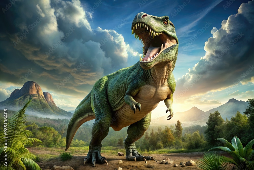 A fierce, green, and scaly Tyrannosaurus Rex stands proudly on its hind ...