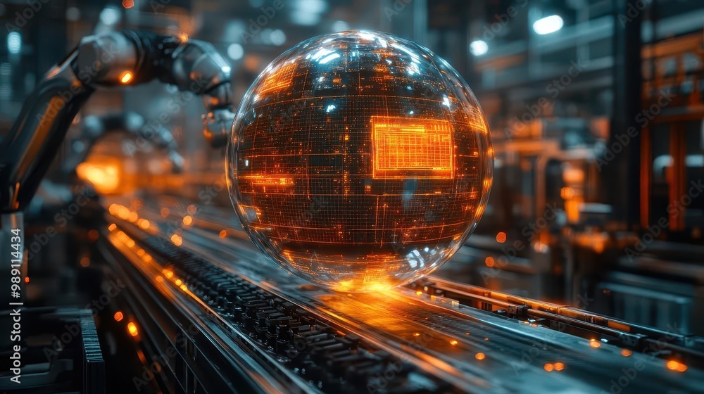 holographic globe hovering over futuristic warehouse light trails ...