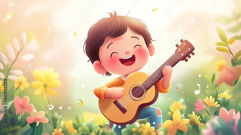 cute baby musician holding a guitar and strumming happily Cartoonish ...