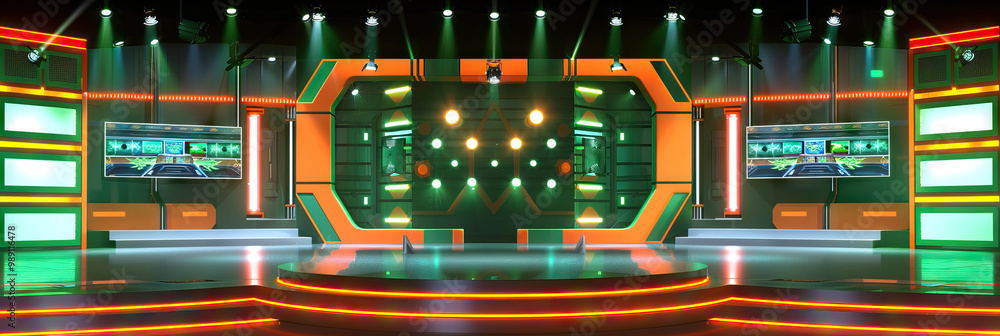 A game show stage designed to resemble a lively arcade, with bright ...
