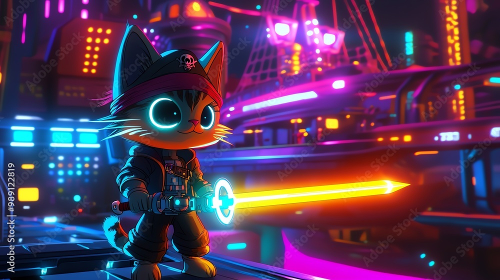 25 Neon pirate cat holding a glowing sword, standing in front of a ...