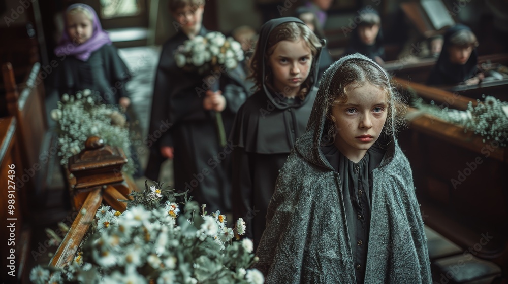 Funeral service featuring a coffin, mourning rituals, and ceremonies to ...