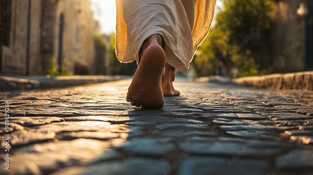 Feet of Jesus Christ standing on old road. Christianity, gospel ...