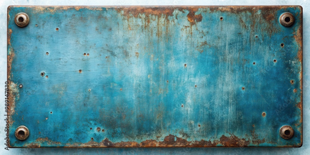Weathered rustic blue metal plate with scratches and holes, perfect for ...
