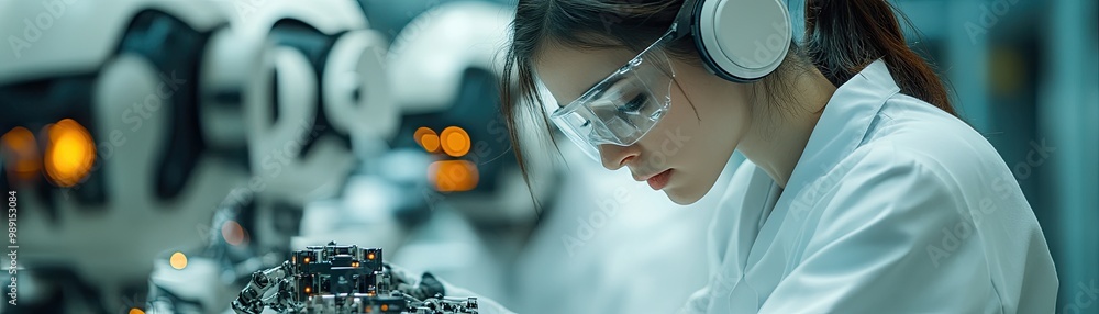 In a futuristic robotics factory, engineers in lab coats program ...
