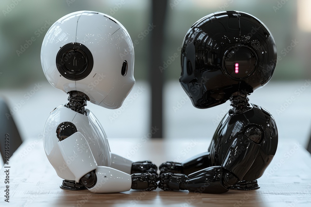 Two humanoid robots, one white and one black, are seated closely ...