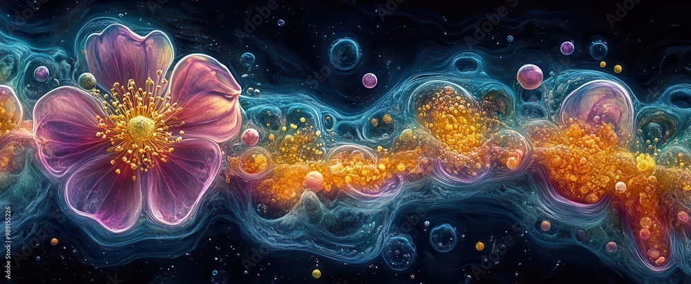microscopic view of a spring stream ecosystem water molecules ...