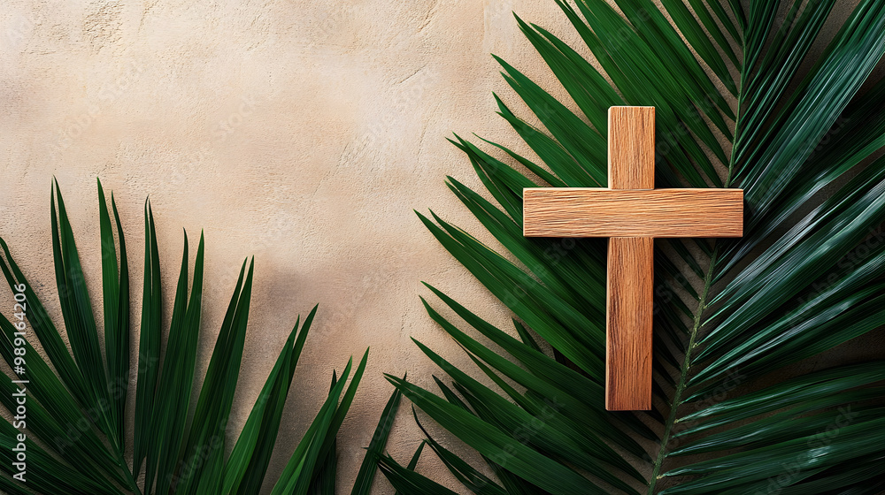Palm Sunday concept. Wooden cross over palm leaves. Reminder of Jesus ...