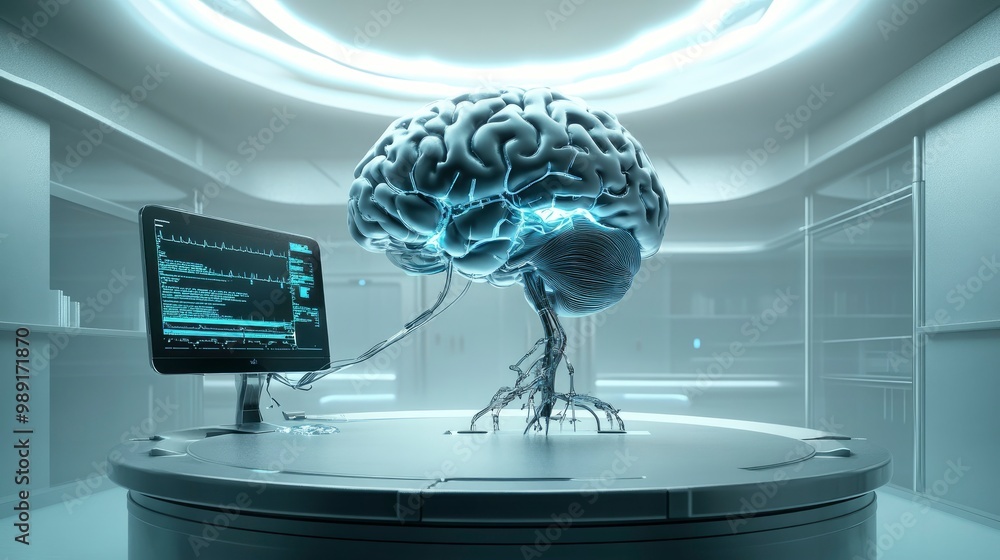 A brain implant being tested on a patient, connected to a computer ...