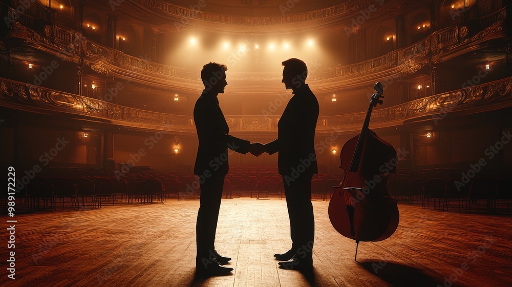 Two musicians shaking hands on stage, concert hall, concept of artistic ...
