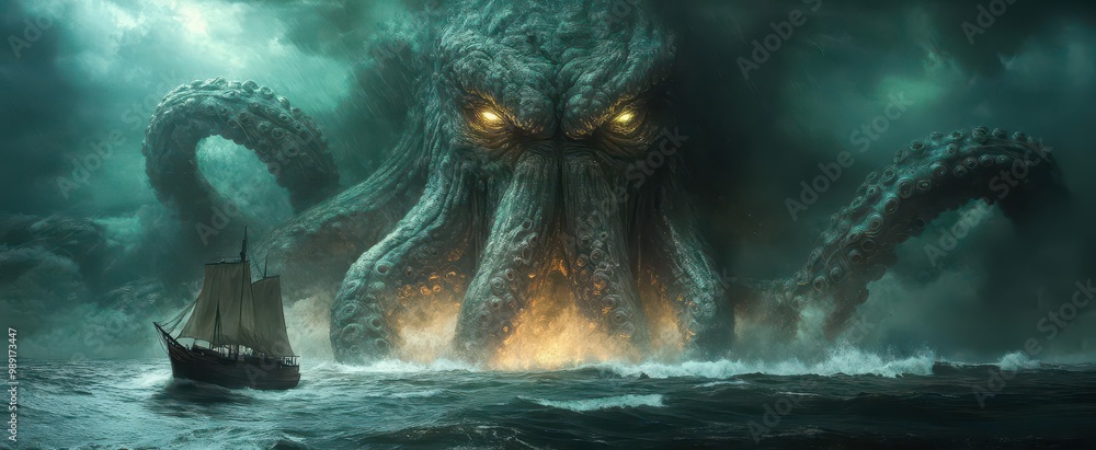 monstrous cthulhu emerging from stormy sea towering tentacles ominous ...