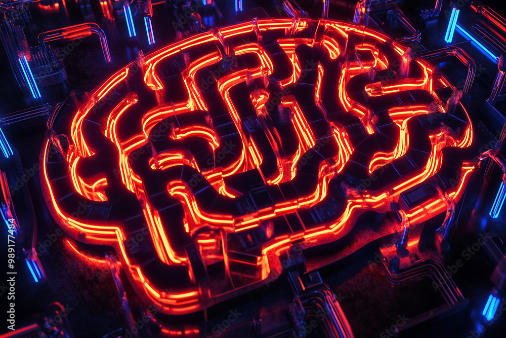 Labyrinth shaped like human brain, illuminated with neon, showing ...