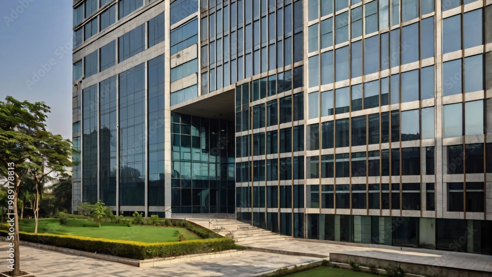 A modern Indian office building with glass windows and sleek ...