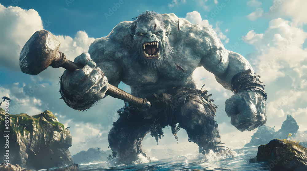 An enraged troll strikes his enemy with his battle club. fantasy ...