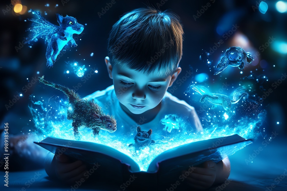 A child reading a magical book, with characters and animals floating ...