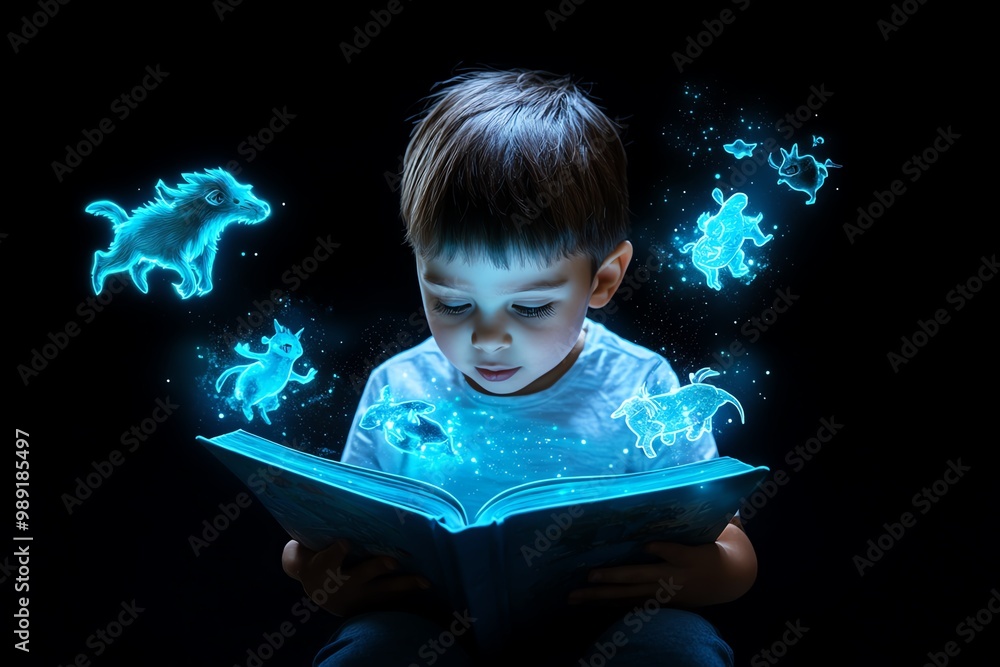 A child reading a magical book, with characters and animals floating ...