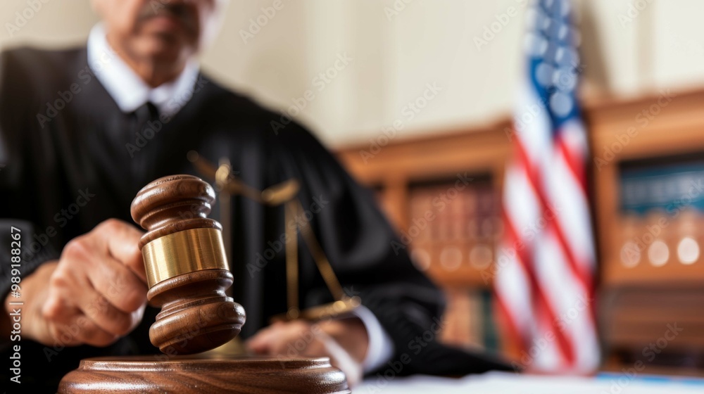 Judge in courtroom holding gavel, displaying authoritative presence ...