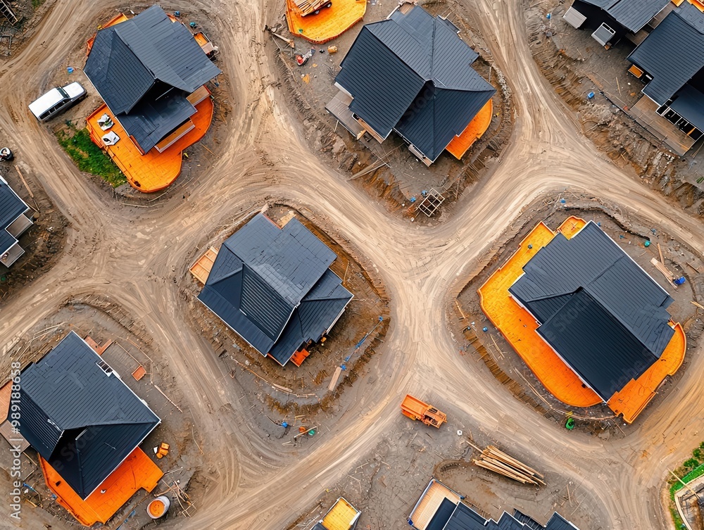 Aerial view of a construction site with multiple houses in various ...