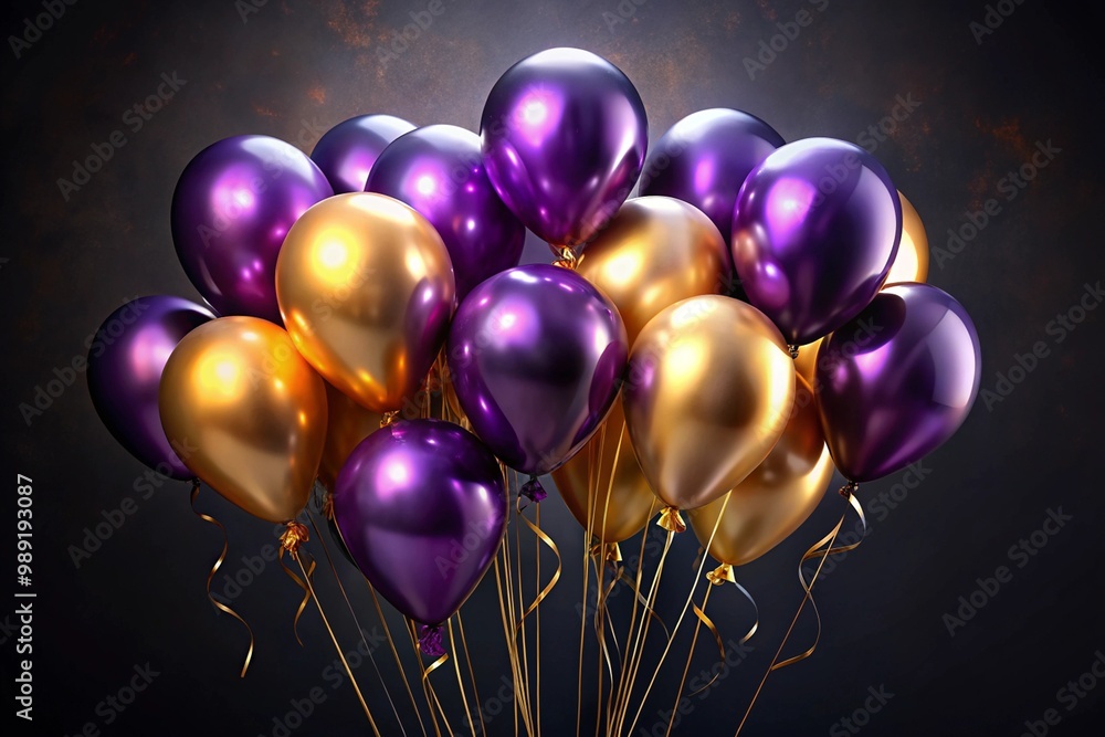 Beautiful golden and purple balloons grouped together showcasing an eye ...