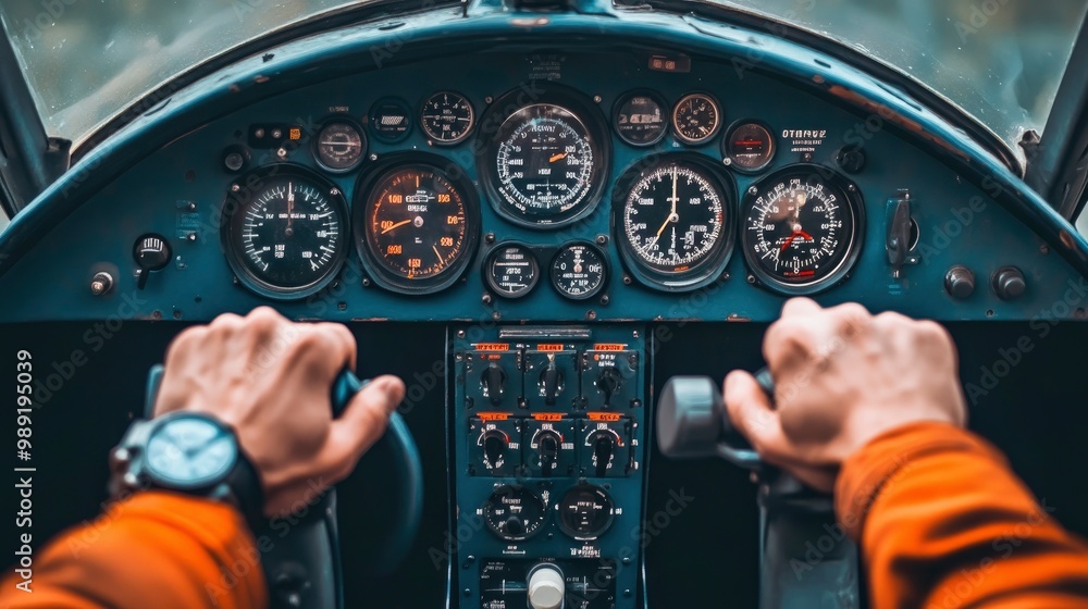 Fotografia Pilot gripping airplane controls, cockpit filled with dials ...