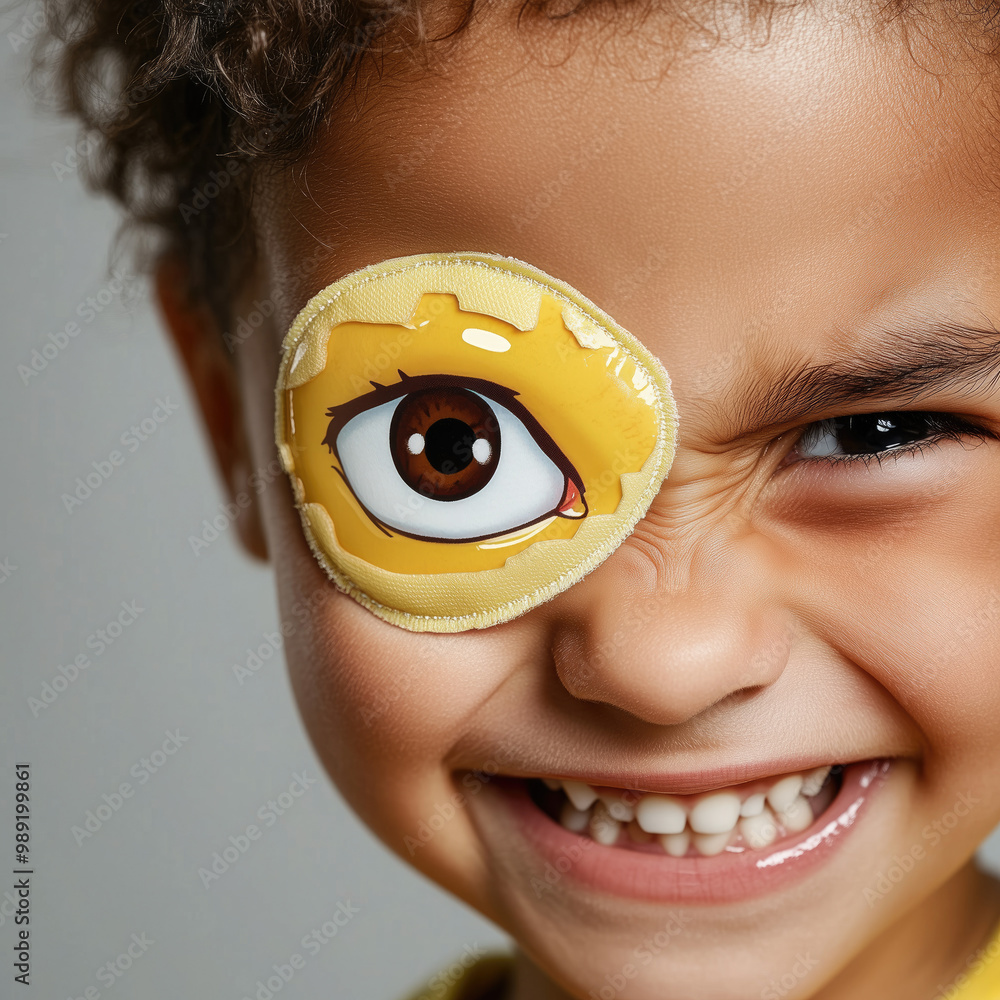 African American boy with a patch over his right eye, close-up front ...