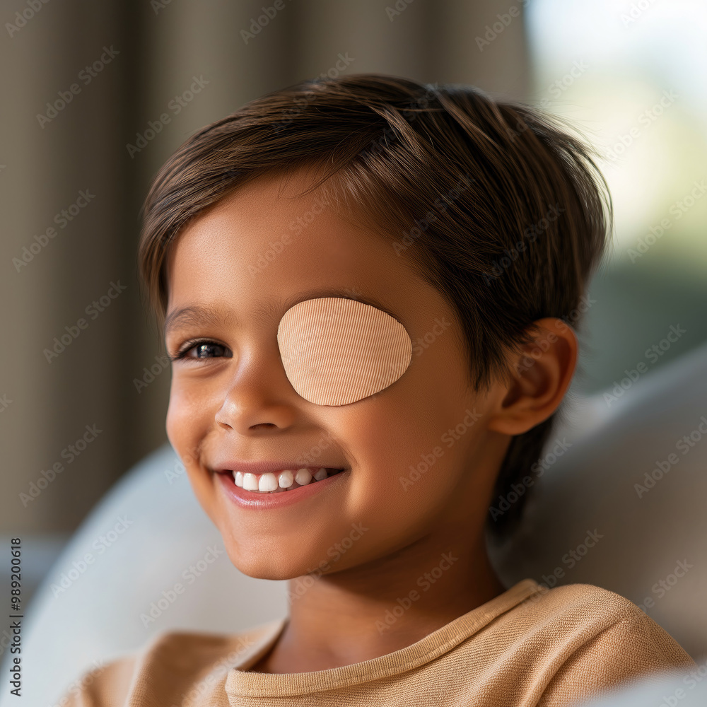 Boy brown hair Caucasian wearing a patch over his left eye, sit in bed ...