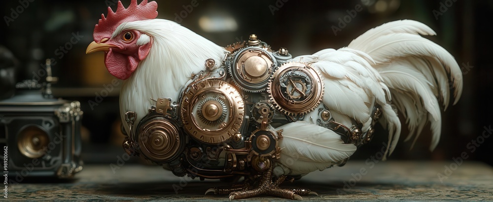 photorealistic white chicken reimagined as a steampunk automaton ...