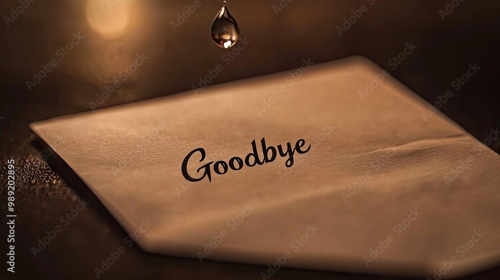A letter with the word "Goodbye" lying on a table with a single tear ...