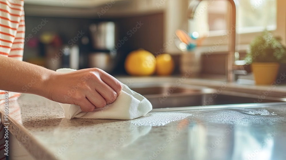 person using disinfectant wipes to sanitize a kitchen counter, ensuring ...