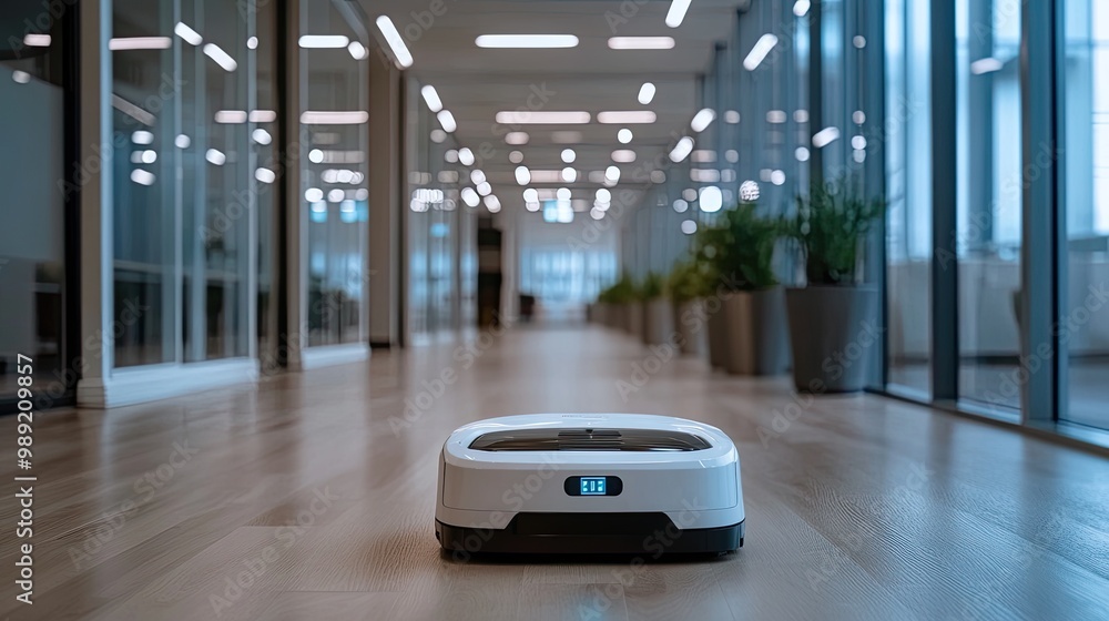 robotic cleaner sweeping an office hallway, ensuring cleanliness in a ...