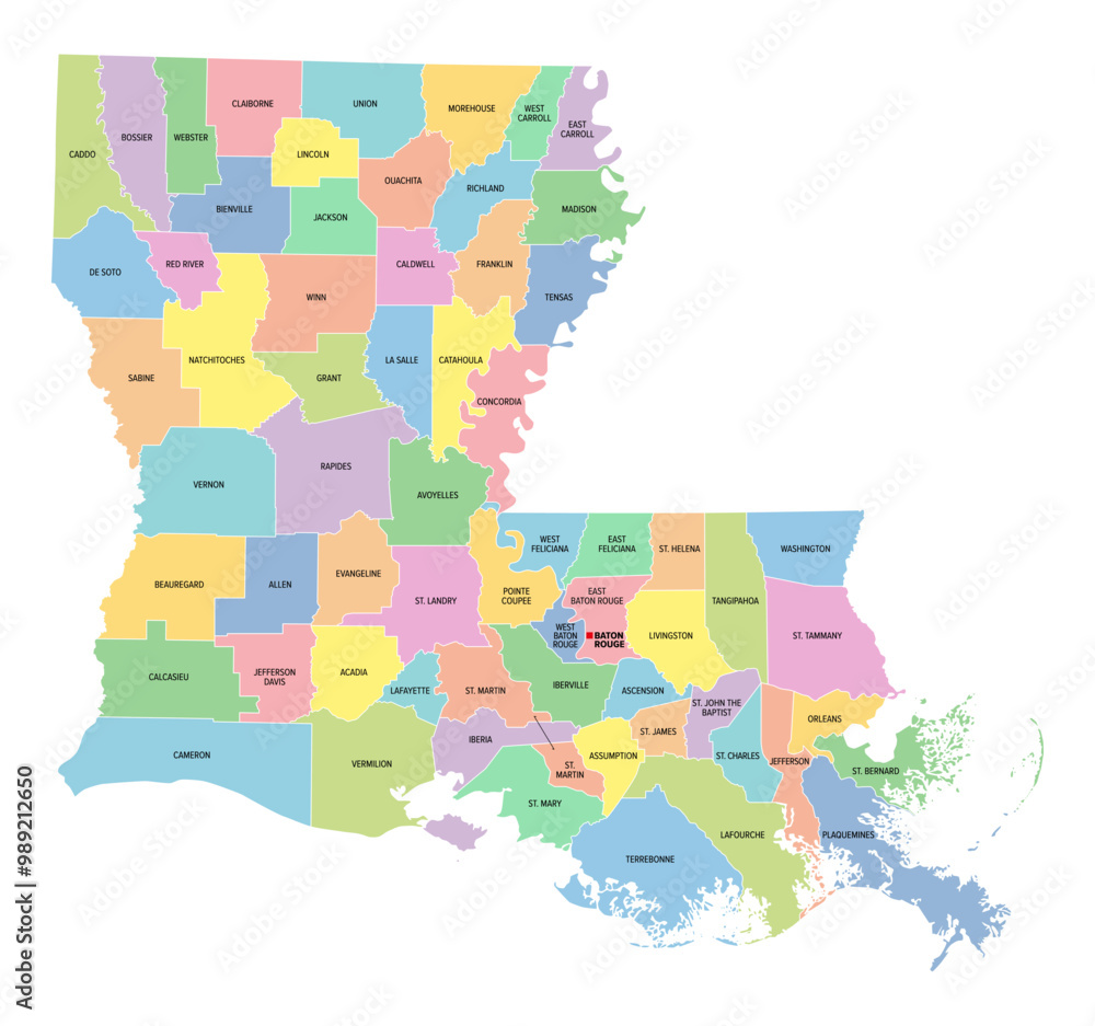 Louisiana, U.S. state, subdivided into 64 parishes, multi colored ...