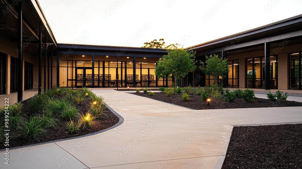 A courtyard with a path leading to a building. The path is lined with ...