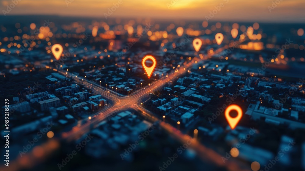 Aerial view of a city with digital map markers highlighting key locations, symbolizing efficient ...
