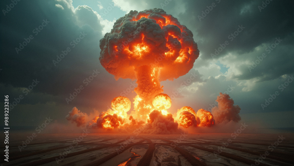 An explosion in a skyline making a nuclear fire mushroom cloud in an ...