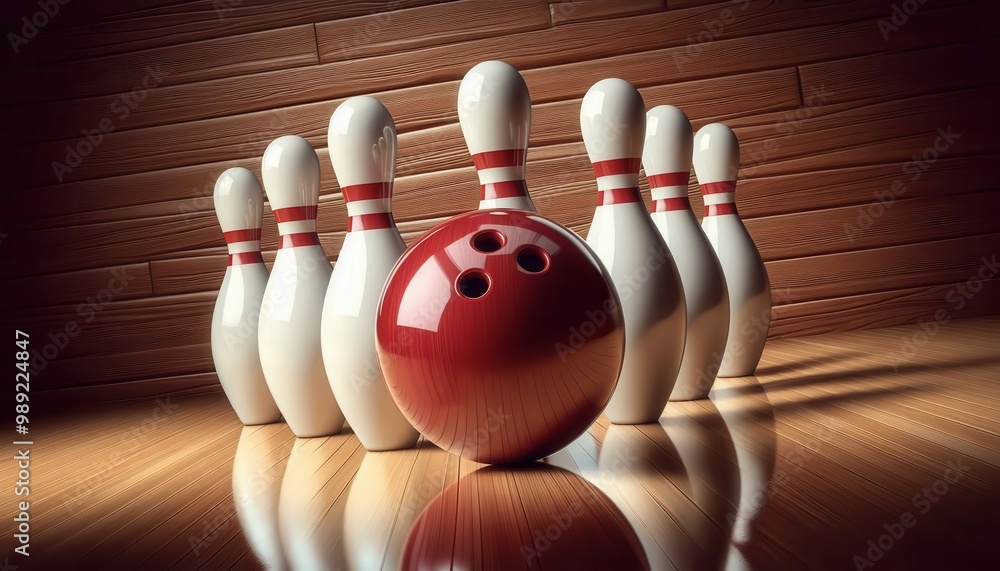 Ten white bowling pins stand at attention with a single red bowling ...